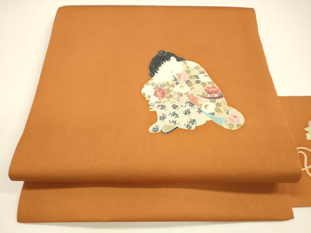 平和屋着物●塩瀬　九寸名古屋帯　友禅　作家物　童子　草花文　正絹　逸品　DAAY8039cm