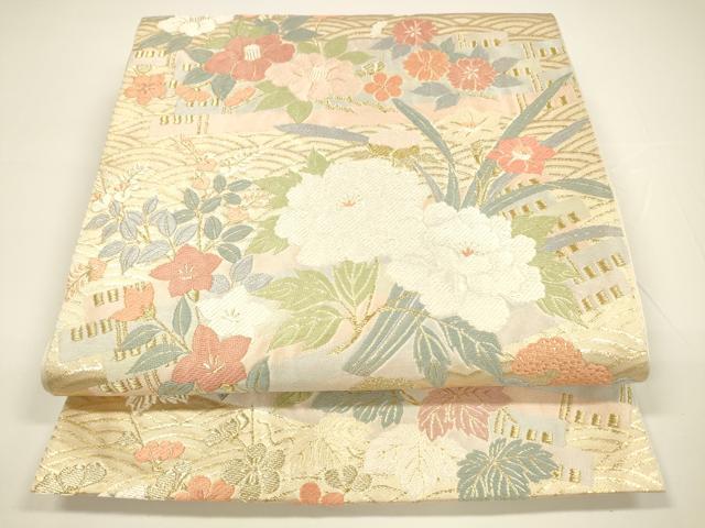 平和屋着物●六通柄袋帯　唐織　流水草花文　金糸　正絹　逸品　DAAY8042cm