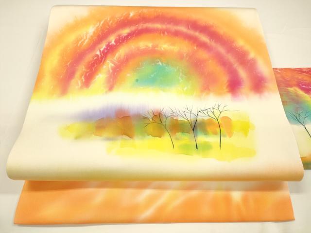 平和屋着物●虹色創家　本郷大田子　塩瀬　九寸名古屋帯　手描き　樹林抽象文　正絹　逸品　DAAY8045cm