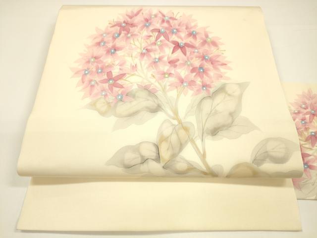 平和屋着物●塩瀬　九寸名古屋帯　手描き　紫陽花　正絹　逸品　DAAY8056cm