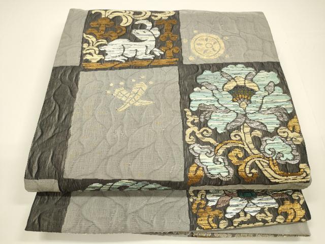 平和屋着物▽スリーシーズン　春夏秋　六通柄袋帯　枠楽　櫛織　宝尽くし動物花文　金銀糸　正絹　逸品　DAAY8059cm