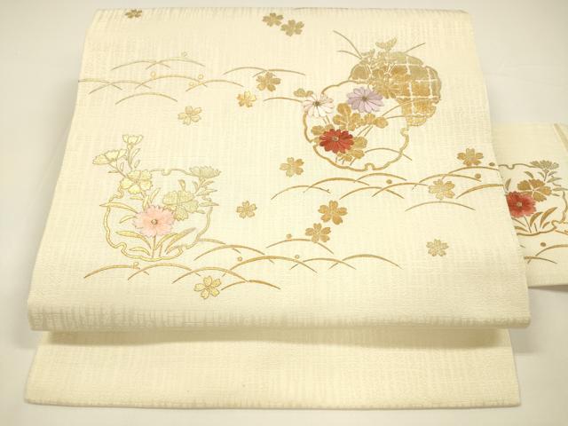 平和屋着物●九寸名古屋帯　刺繍　雪輪芝花文　金彩　正絹　逸品　DAAY8080cm