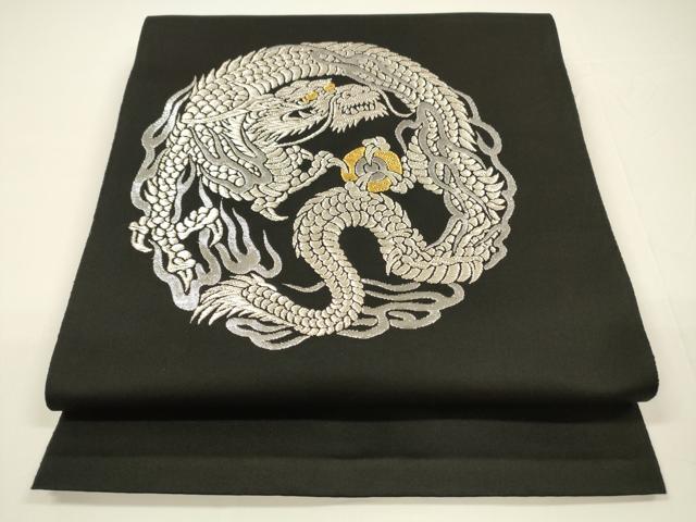 平和屋着物●八寸名古屋帯　総刺繍　龍　黒地　金銀糸　三越扱い　正絹　逸品　DAAY8084cm