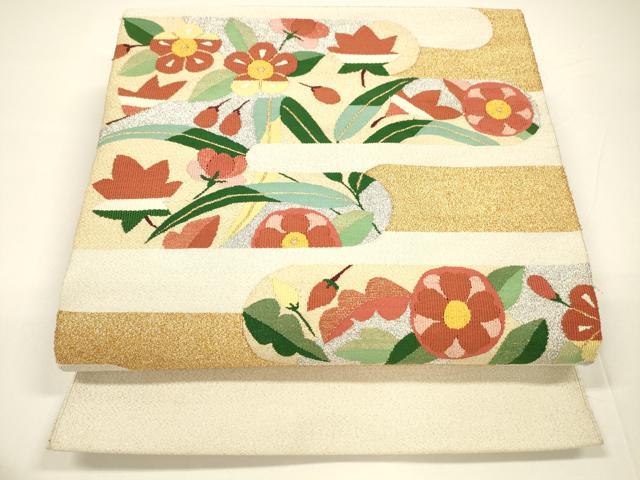 平和屋着物●爪掻き本綴れ　八寸名古屋帯　草花文　金銀糸　正絹　逸品　DAAY8086cm