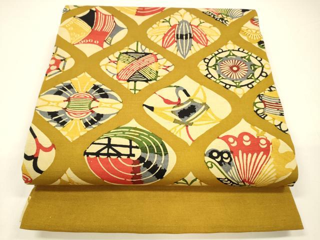 平和屋着物●九寸開き名古屋帯　型染　吉祥草花文　蝶　正絹　逸品　DAAY8098cm