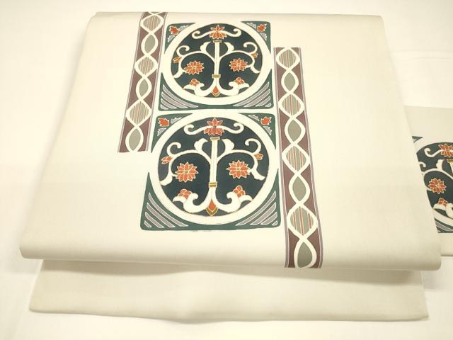 平和屋着物●塩瀬　九寸名古屋帯　刺繍　抽象花文　金彩　正絹　逸品　DAAY8099cm