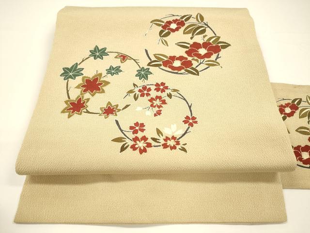 平和屋着物●九寸名古屋帯　草花文　金彩　鬼しぼ縮緬　正絹　逸品　DAAY8100cm