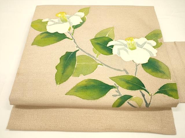 平和屋着物●九寸名古屋帯　型染　枝花文　鬼しぼ縮緬　正絹　逸品　DAAY8104cm