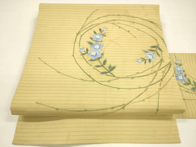 平和屋着物＊夏物　絽塩瀬　九寸名古屋帯　手描き　草花文　銀彩　正絹　逸品　DAAY8109cm