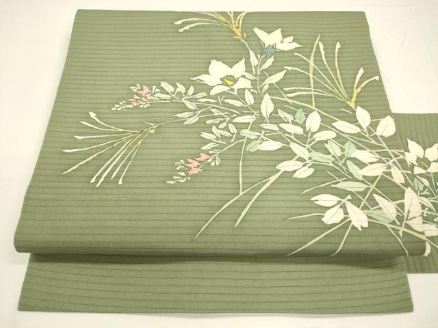 平和屋着物＊夏物　絽塩瀬　九寸名古屋帯　ろうけつ染め　草花文　正絹　逸品　DAAY8112cm