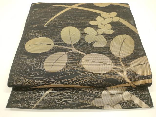 平和屋着物＊夏物　六通柄　本袋帯　草葉文　黒地　金糸　正絹　逸品　DAAY8121cm