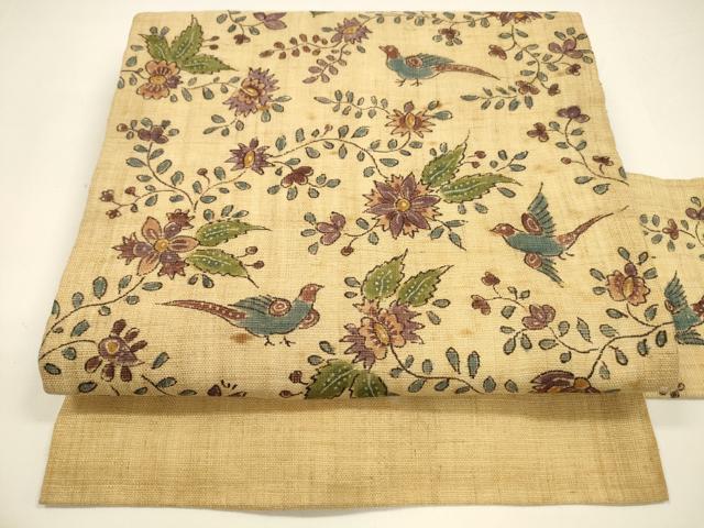 平和屋着物＊夏物　九寸名古屋帯　型染　花鳥文　麻　逸品　DAAY8128cm
