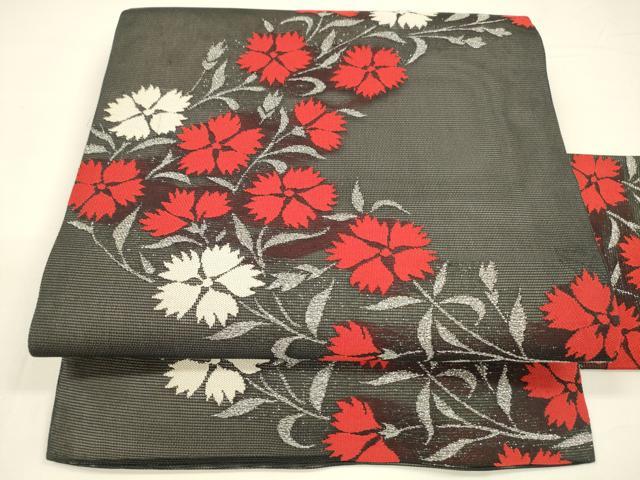 平和屋着物＊夏物　九寸名古屋帯　草花文　黒地　銀糸　正絹　逸品　DAAY8132cm