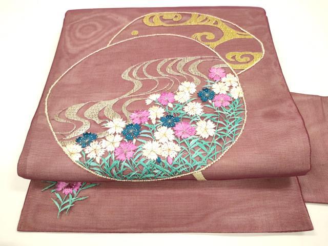 平和屋着物＊夏物　アンティーク　大正ロマン　中国三大刺繍　相良刺繍　総刺繍　九寸名古屋帯　流水草花文　金銀糸　正絹 逸品 DAAY8135cm