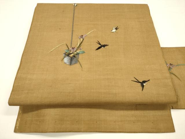 平和屋着物＊夏物　九寸名古屋帯　総刺繍　飾花文　燕　金糸　正絹　逸品　DAAY8137cm