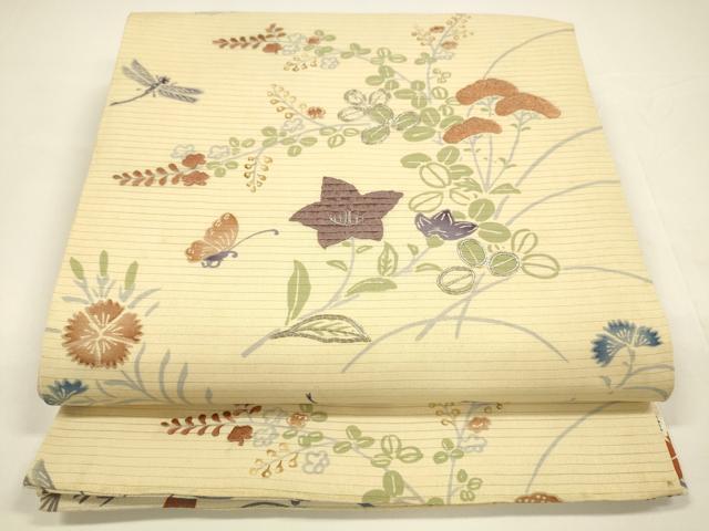 平和屋着物＊夏物　アンティーク　大正ロマン　両面　全通柄袋帯　引き抜き帯　駒刺繍　蜻蛉花蝶文　草花松文　正絹　逸品　DAAY8140cm