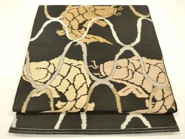 平和屋着物＊夏物　アンティーク　大正ロマン　六通柄　本袋帯　荒磯　黒地　金糸　正絹　逸品　DAAY8141cm