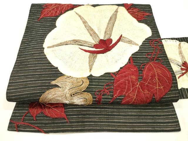 平和屋着物＊夏物　アンティーク　大正ロマン　九寸名古屋帯　駒刺繍　総刺繍　蔦の葉花文　朝顔　黒地　銀糸　正絹　逸品　DAAY8142cm