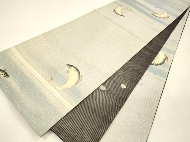 平和屋着物＊夏物　アンティーク　大正ロマン　両面　六通柄袋帯　刺繍　魚　抽象丸文　金銀糸　正絹　逸品　DAAY8178cm