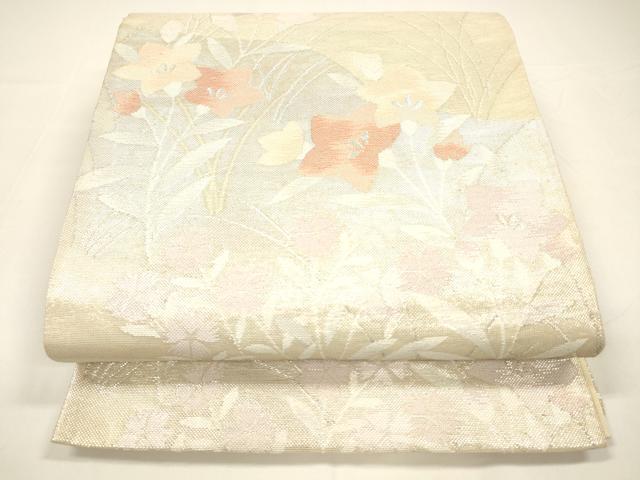 平和屋着物＊夏物　六通柄袋帯　流水草花文　銀糸　正絹　逸品　DAAY8181cm