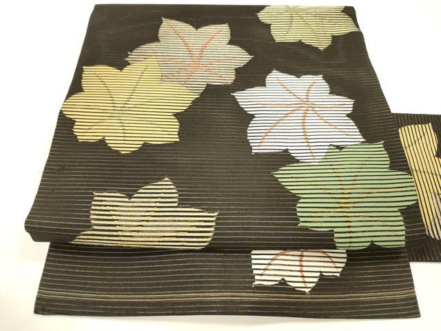 平和屋着物＊夏物　アンティーク　大正ロマン　九寸名古屋帯　舞葉文　黒地　金銀糸　正絹　逸品　DAAY8185cm