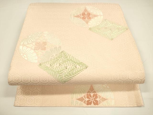 平和屋着物●六通柄袋帯　唐織　亀甲地臥菊の丸に若松菱文様　金糸　正絹　逸品　DAAY8189cm