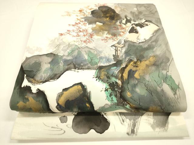 平和屋着物●塩瀬　九寸開き名古屋帯　手描き　風景文　銀糸　金彩　正絹　逸品　DAAY8200cm