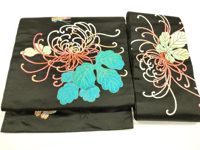平和屋着物●アンティーク　大正ロマン　つけ帯　総刺繍　花蝶文　乱菊　黒地　金糸　正絹　逸品　DAAY8203cm