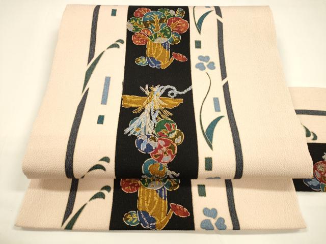 平和屋着物●全通柄九寸名古屋帯　型染　草花間道　鬼しぼ縮緬　正絹　逸品　DAAY8205cm