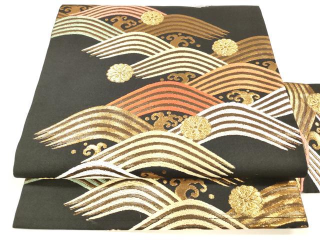 平和屋着物●九寸名古屋帯　唐織　流水花文　黒地　金糸　正絹　逸品　DAAY8225cm
