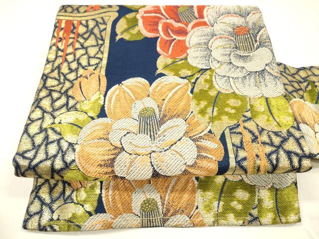 平和屋着物●アンティーク　大正ロマン　九寸名古屋帯　唐織　草花文　金糸　正絹　逸品　DAAY8231cm