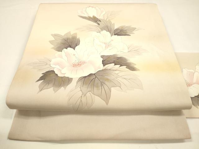 平和屋着物●内山晴祥　手描き　塩瀬　九寸名古屋帯　紬地　草花文　金彩　正絹　逸品　DAAY8234cm