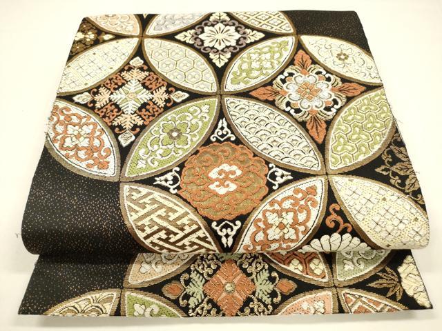 平和屋着物●六通柄袋帯　九百唐織　吉祥七宝草花文　黒地　金糸　正絹　逸品　DAAY8235cm