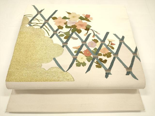 平和屋着物●爪掻き本綴れ　八寸名古屋帯　籬草花文　金糸　正絹　逸品　DAAY8245cm