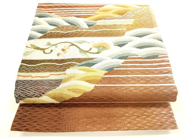 平和屋着物▽太鼓柄袋帯　スリーシーズン　春夏秋　すくい織　流水更紗花文　金糸　正絹　逸品　DAAY8271cm