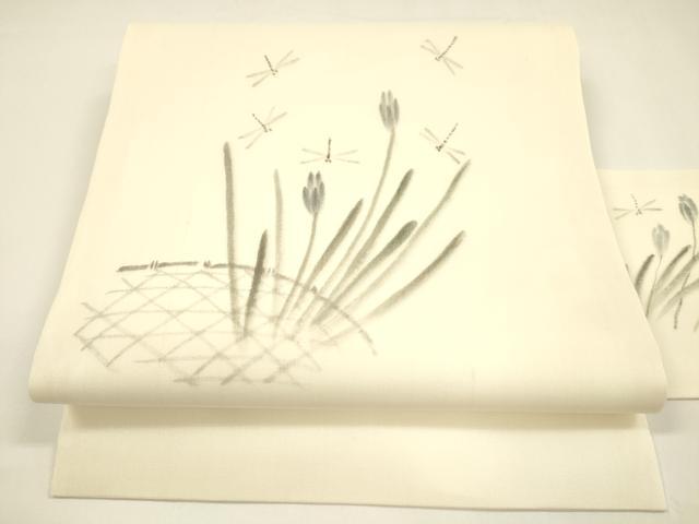 平和屋着物＊夏物　絹芭蕉　九寸名古屋帯　手描き　蜻蛉　トンボ　草花文　正絹　逸品　DAAY8277cm