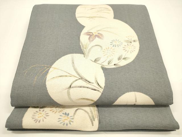 平和屋着物＊夏物　六通柄袋帯　手描き　草花丸文　銀彩　正絹　逸品　DAAY8310cm