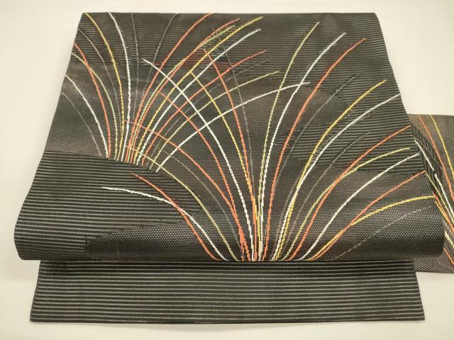 平和屋着物＊夏物　九寸名古屋帯　流水草葉文　黒地　銀糸　正絹　逸品　DAAY8314cm