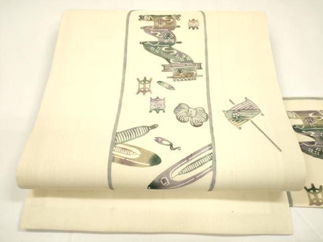 平和屋着物＊夏物　松煙染の第一人者　川島草苑　九寸名古屋帯　型染　糸巻き花文　正絹　逸品　DAAY8376cm