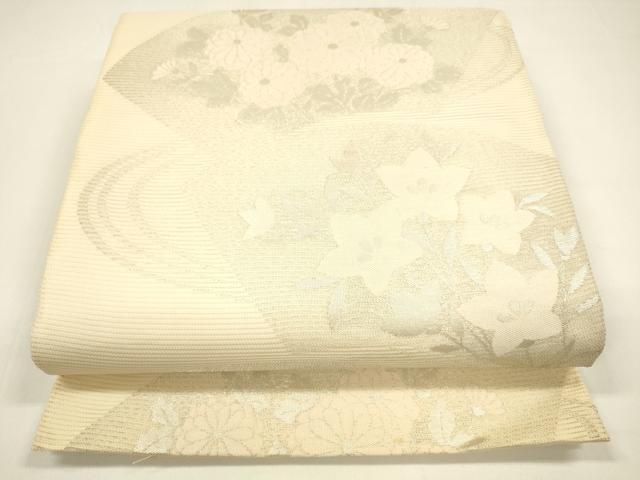 平和屋着物＊夏物　六通柄袋帯　流水地紙草花文　銀糸　正絹　逸品　DAAY8382cm