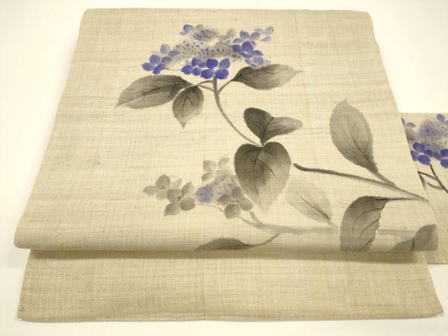 平和屋着物＊夏物　九寸名古屋帯　手描き　紫陽花　アジサイ　麻　逸品　DAAY8390cm