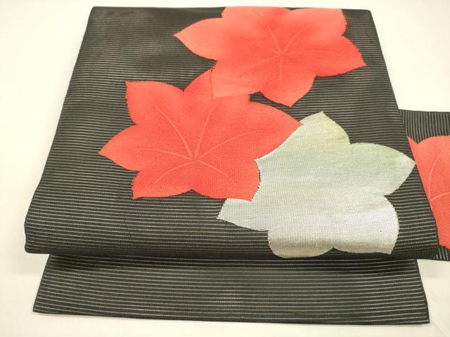 平和屋着物＊夏物　九寸名古屋帯　舞葉文　黒地　銀糸　正絹　逸品　DAAY8402cm