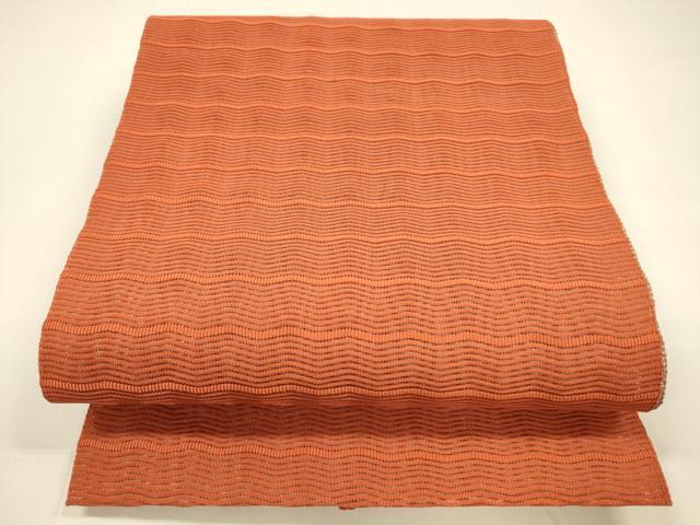 平和屋着物＊夏物　八寸名古屋帯　絽綴れ　よろけ縞　緋色　正絹　逸品　DAAY8404cm