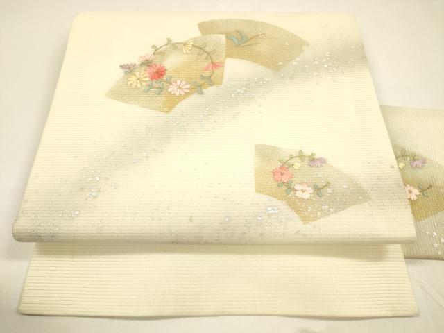 平和屋着物＊夏物　九寸名古屋帯　刺繍　草花文　金銀彩　正絹　逸品　DAAY8465cm