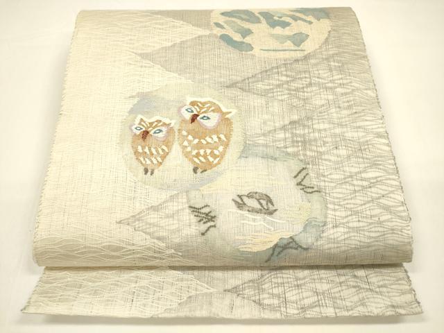 平和屋着物＊夏物　八寸名古屋帯　すくい織　抽象文様　梟　正絹　逸品　DAAY8466cm