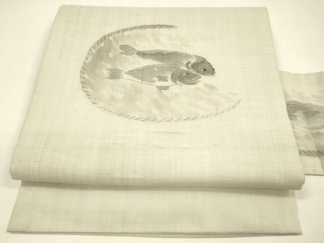 平和屋着物＊夏物　九寸名古屋帯　手描き　魚　正絹　逸品　DAAY8477cm