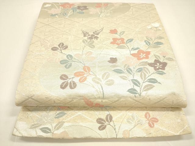 平和屋着物＊夏物　六通柄袋帯　草花文　銀糸　正絹　逸品　DAAY8487cm