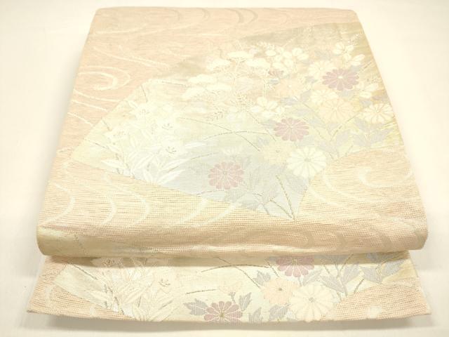 平和屋着物＊夏物　六通柄袋帯　流水地紙草花文　銀糸　正絹　逸品　DAAY8490cm