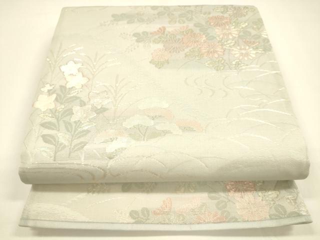 平和屋着物＊夏物　六通柄袋帯　流水草花文　銀糸　正絹　逸品　DAAY8501cm