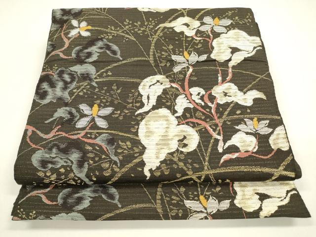 平和屋着物＊夏物　アンティーク　大正ロマン　六通柄　京本袋帯　草花文　黒地　金銀糸　正絹　逸品　DAAY8504cm